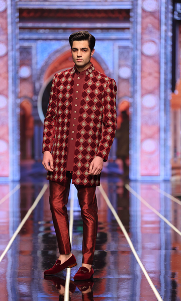 BCW 58 Maroon Checkered Applique Velvet & Satin Sherwani – Edge Republic