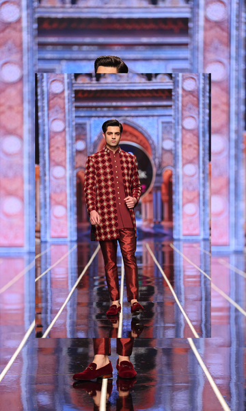 BCW 58 Maroon Checkered Applique Velvet & Satin Sherwani – Edge Republic